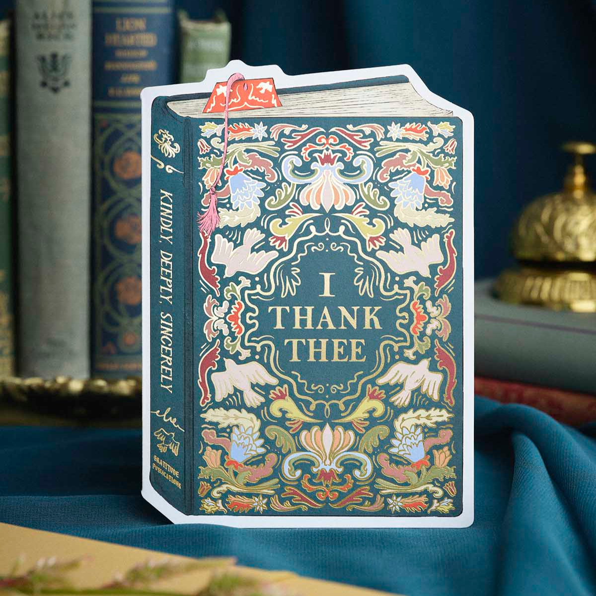 Thank You Book-Shaped Greeting Card – Vintage Teal Design – Good Juju Ink